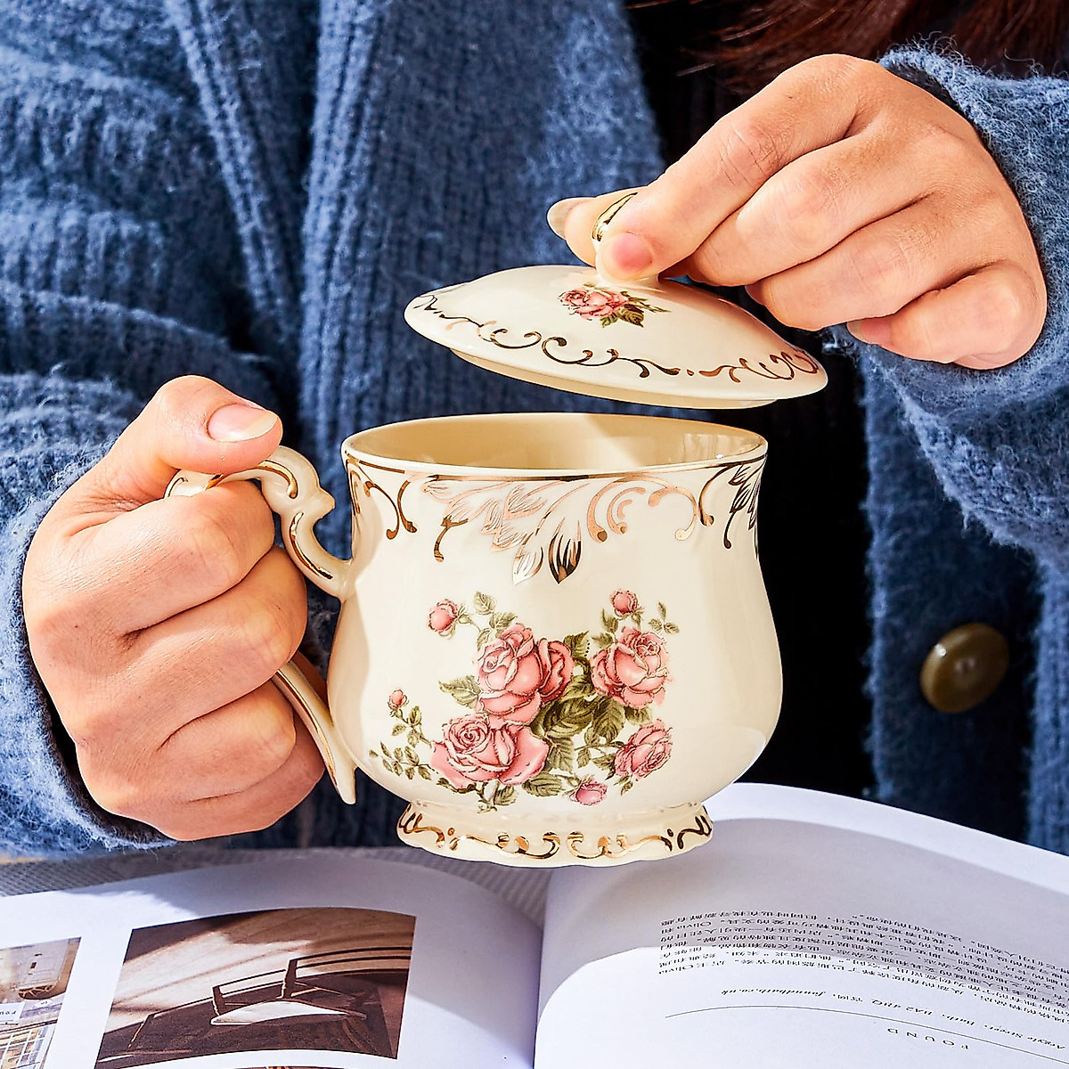 YOLIFE Tea Cup with Lid, 12 oz Tea Cup with lid and Spoon, Ceramic Flower Tea Cups Birthday Gift for Mom Women (Pink Rose)