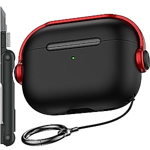 R-fun Airpods Pro 2nd/1st Generation Case Cover (2022/2019) with Secure Lock, Music Headset Earphone Protective Case Cover with Cleaning Kit Compatible for Apple Airpods Pro case, Black & Red
