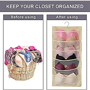 Ymemok Hanging Mesh Pockets Dual-Sided Closet Organizer for Underwear,Bra,Socks,Accessories with Hanger,Total 48 Pockets Beige