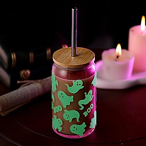 Nefelibata Halloween Ghosts Beer Can Glass Fall Iced Coffee Glass 16 OZ Spooky Season Glass with Lid Metal Straw And Cleaning Brush October Boo! Drinking Cup Gifts for Him Her