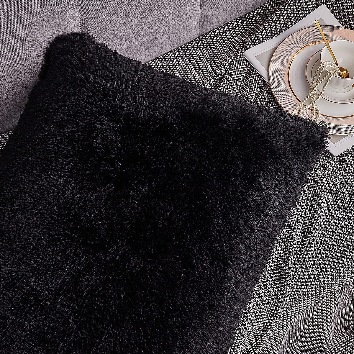 WERDIM Shaggy Fluffy Faux Fur Pillowcases 2 Pack Button Closure Velvet Pillow Shams Standard/Queen Size (Black, 20 X 26 Inches)