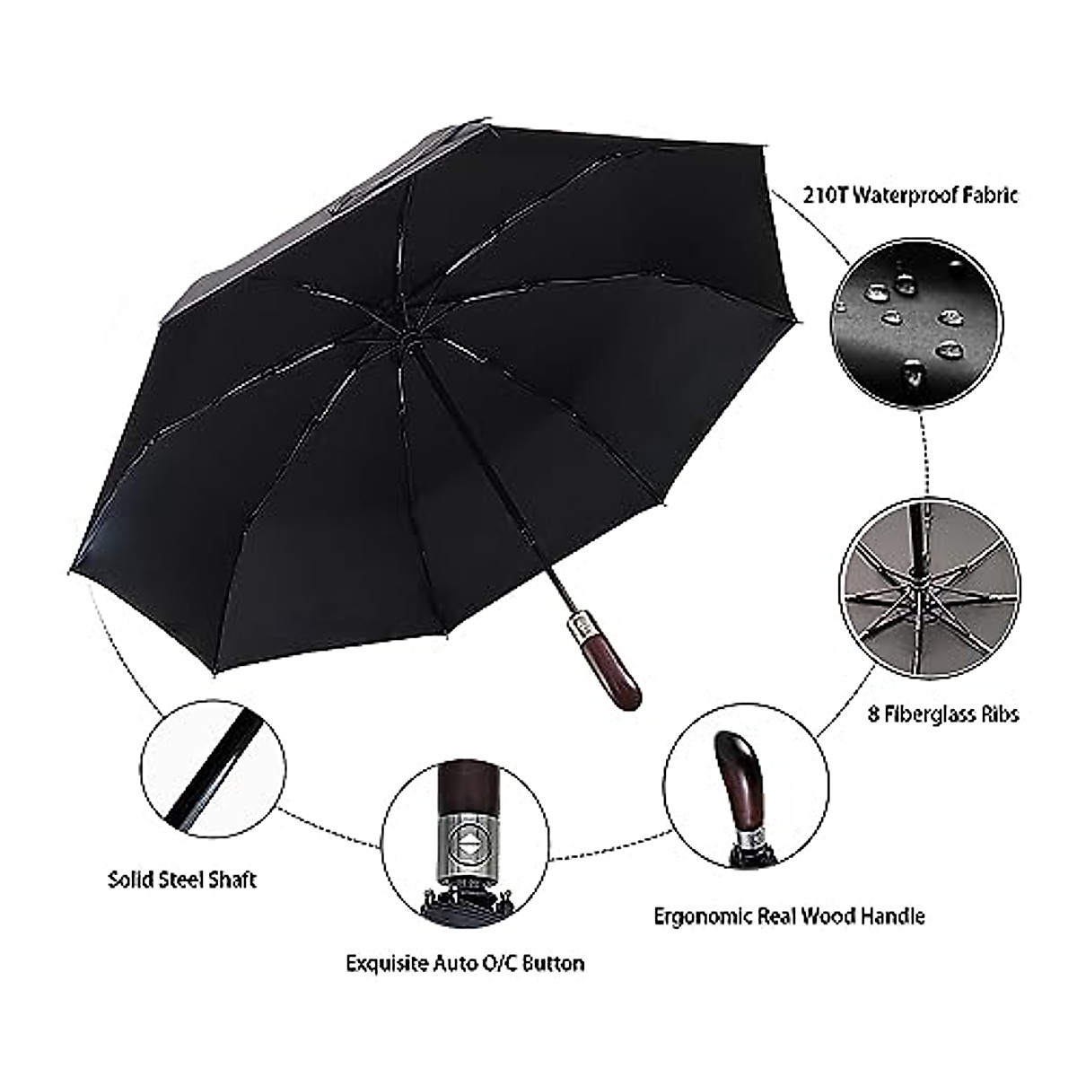 ALFROTEY Compact Travel Umbrella with Real Wood Ergonomic Handle Portable Automatic Open and Close Windproof Umbrella for Rain Small Folding Car Umbrella (Black, M)