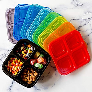Youngever 8 Pack 4-Compartment Reusable Snack Box Food Containers, Bento Lunch Box, Meal Prep Containers, Divided Food Storage Containers, in 8 Assorted Color