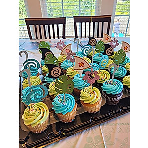 30 Pcs JeVenis Glittery Moana Inspired Cupcake Toppers Moana Cake Toppers Hawaiian Birthday Party Decoration for Tropical Luau Summer Party Baby Shower Wedding