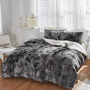 Shaggy Comforter Set Twin Size 2 Pieces Winter Faux Fur Comforter Set with 1 Pillowcases Ultra Soft and Easy Care Luxury Plush Warm Super Fleece Sherpa Bedding Set White with White with Black