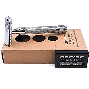 Parker 91R Double Edge Safety Razor – Three-Piece Heavyweight Safety Razor with Brass Frame & Chrome Plated Knurled Handle –5 Premium Parker Platinum Double Edge Razor Blades Included