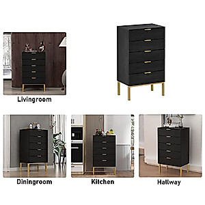 FAMAPY Chest of Drawers 5-Drawer Dresser with Straight Gold Metal Legs, Wood Storage Chest Drawer Organizer Large Storage for Bedroom Black (23.6”W x 15.7”D x 41.1”H)