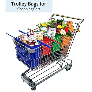 Trolley Bags for Shopping Cart-Set of 4 Shopping cart Bags for Groceries with Cooler Bag & Egg/Wine holder.Eco-Friendly 4 Reusable Grocery Cart Bags/Grocery Tote Bag/Cart Daddy(Orange,Green,Red,Blue)