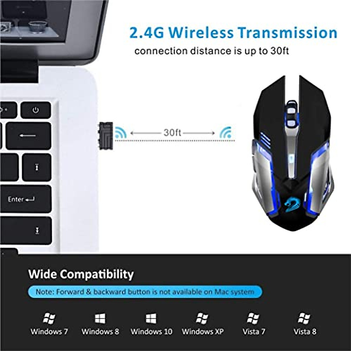Uciefy X96 Wireless Gaming Mouse, Rechargeable Silent Mouse 4 Breathing Led Light Optical Mice with Nano USB Receiver, 2400 DPI High Precision Laser for Computer/Laptop/Mac/PC (Black)