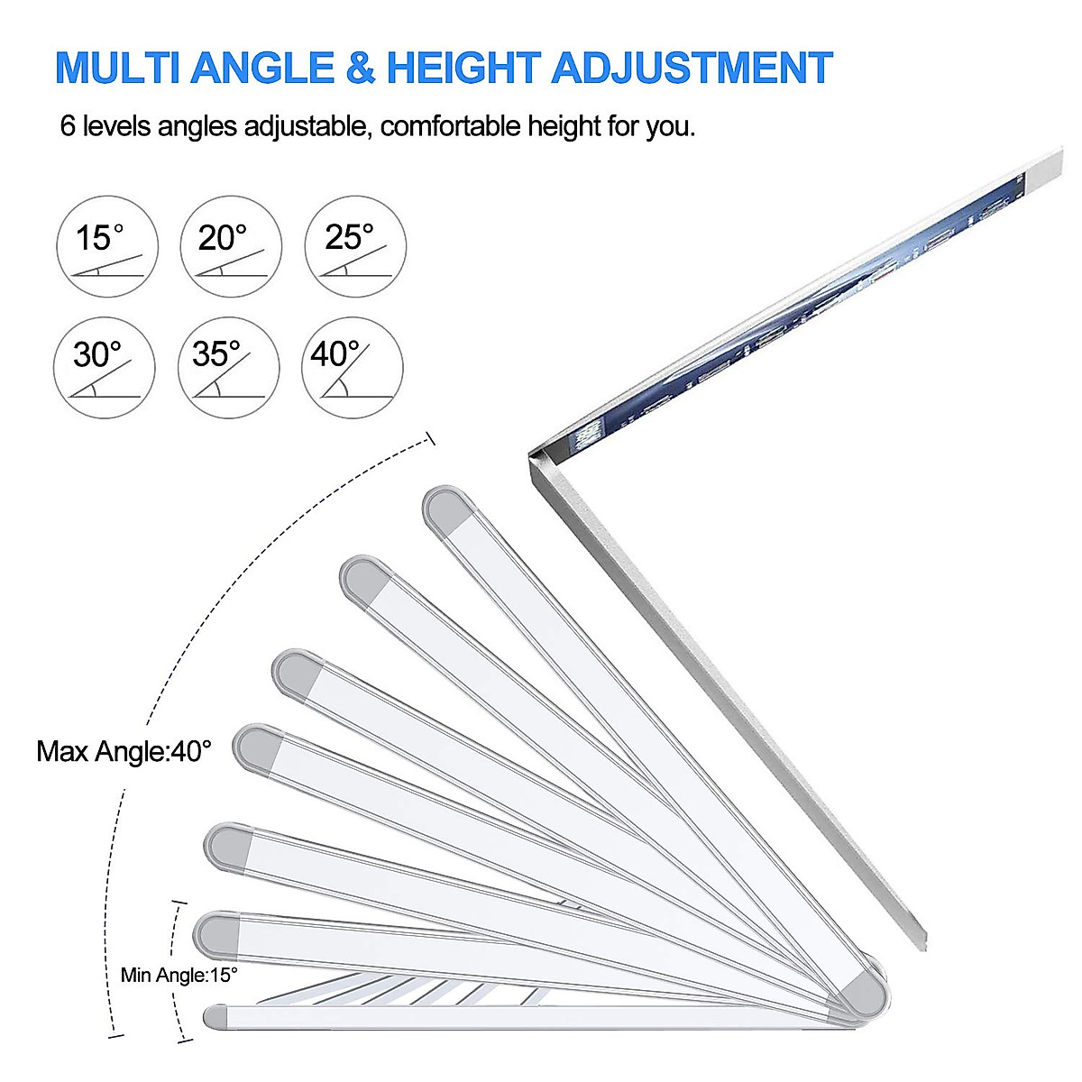 Jubor Laptop Stand, Portable Computer Laptop Mount, Aluminum Laptop Riser with 6 Levels Height Adjustment, Fully Collapsible, Supports up to 44lbs, Fits up to 17.3 Laptop - White