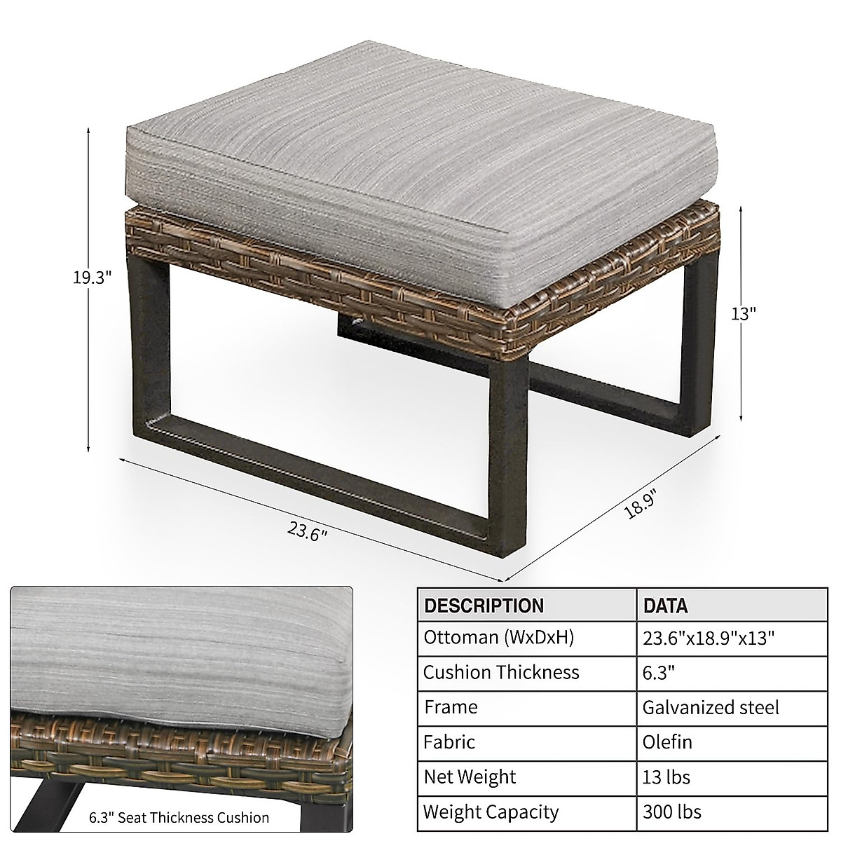 PatioFestival Patio Ottoman Outdoor Cushioned Wicker Foot Stool with All Weather Galvanized Steel (Grey, 23.6" W x 23.6" D x 13.7" H)