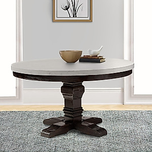 Benjara Dining Table with Marble Top and Pedestal Base, White and Gray