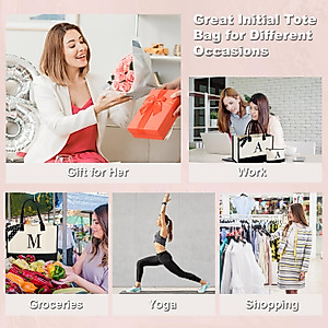 BeeGreen Initial-Canvas-Tote-Bag-for-Women with Comestic Bag, Large Monogram Embroidery Canvas Bag, Personalized Gifts Bag for Mother Sister Her Coworker Birthday Wedding Valentine's Day Gifts J