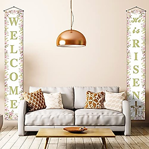 Pudodo He Is Risen Porch Banner Easter Christian Cross Resurrection Religious Holiday Party Front Door Sign Wall Hanging Decor