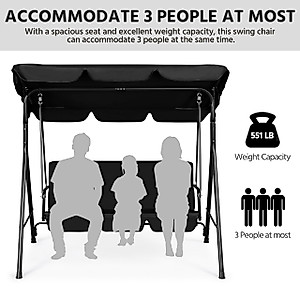 Yaheetech 3-Seat Patio Swing Chair, Outdoor Canopy Swing Porch Swing with Adjustable Canopy & Removable Cushion, Hanging Swing Glider Lounge Chair for Patio, Garden, Yard, Porch - Black