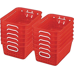 Really Good Stuff Multi-Purpose Plastic Storage Baskets for Classroom or Home Use - Stackable Mesh Plastic Baskets with Grip Handles 11" x 7.5" (Red - Set of 12)