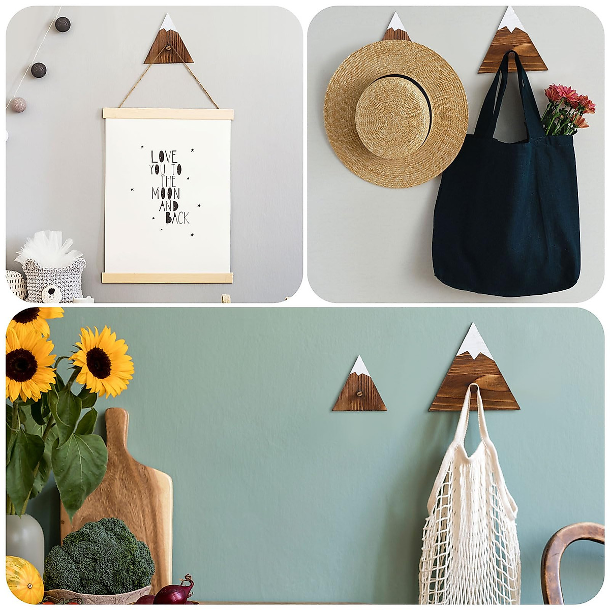 Barydat 3 Pcs Nursery Wall Hooks Wooden Coat Hooks Wall Mount Forest Woodland Nursery Decor Entryway Decorative Mountain Hooks for Towel Hat Bedroom Newborn Baby Shower Gifts(Brown)