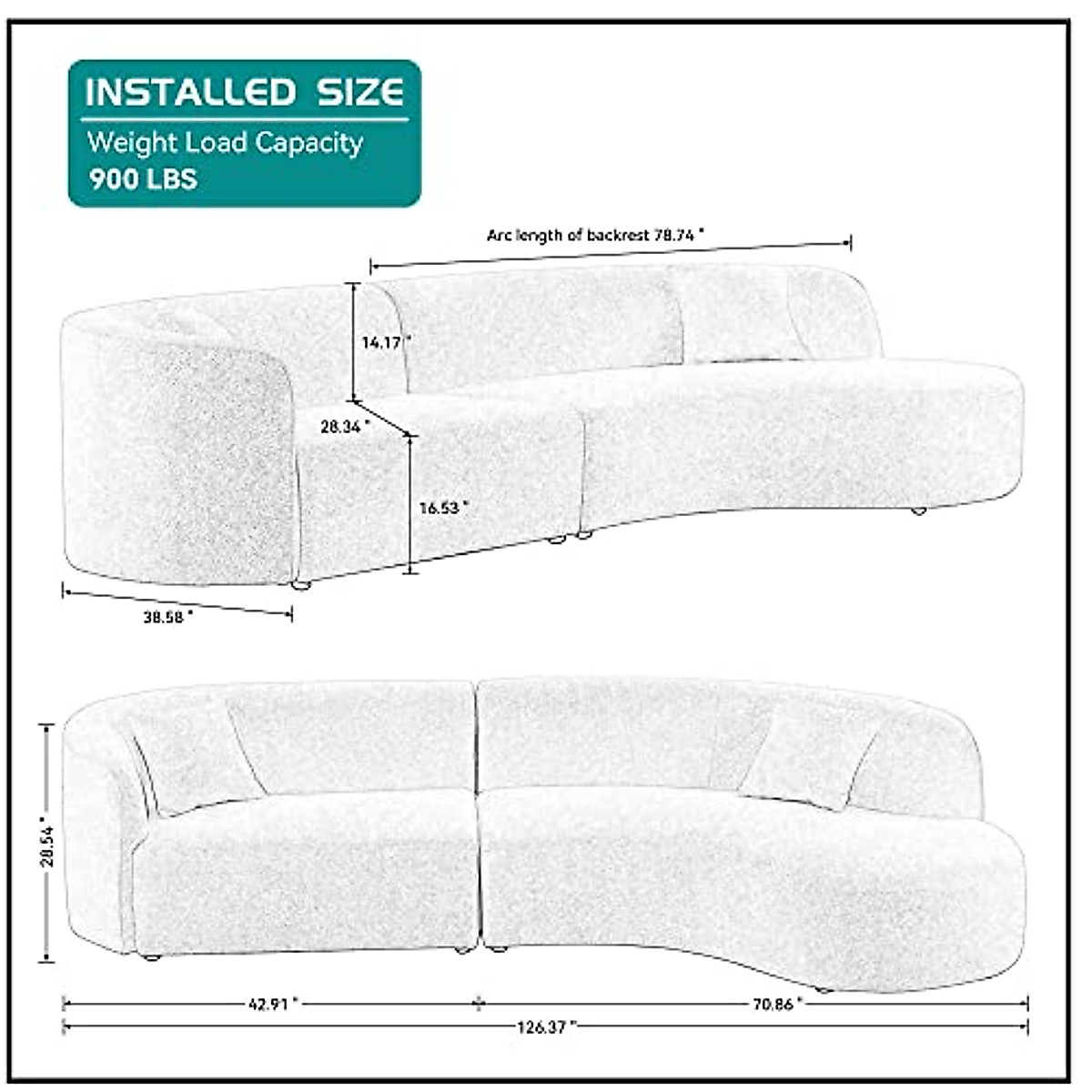 kevinplus 126'' Curved Sofa Couch with Chaise Lounge for Living Room, L-Shape Modern Sectional Luxury Upholstery 5-Seat Sofa Couch for Apartment Lobby, Boucle Fabric & 2 Pillows (Right-Facing, Beige)