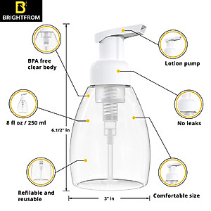 BRIGHTFROM Foaming Soap Dispenser Pump Bottles, BPA Free Empty Refillable Plastic Container for Liquid Soap - Kitchen, Bathroom, Commercial - 8oz (250ml) Pack of 3, Clear