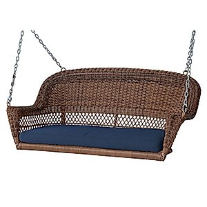 Jeco Honey Resin Wicker Hanging Porch Swing with Cushion in Blue