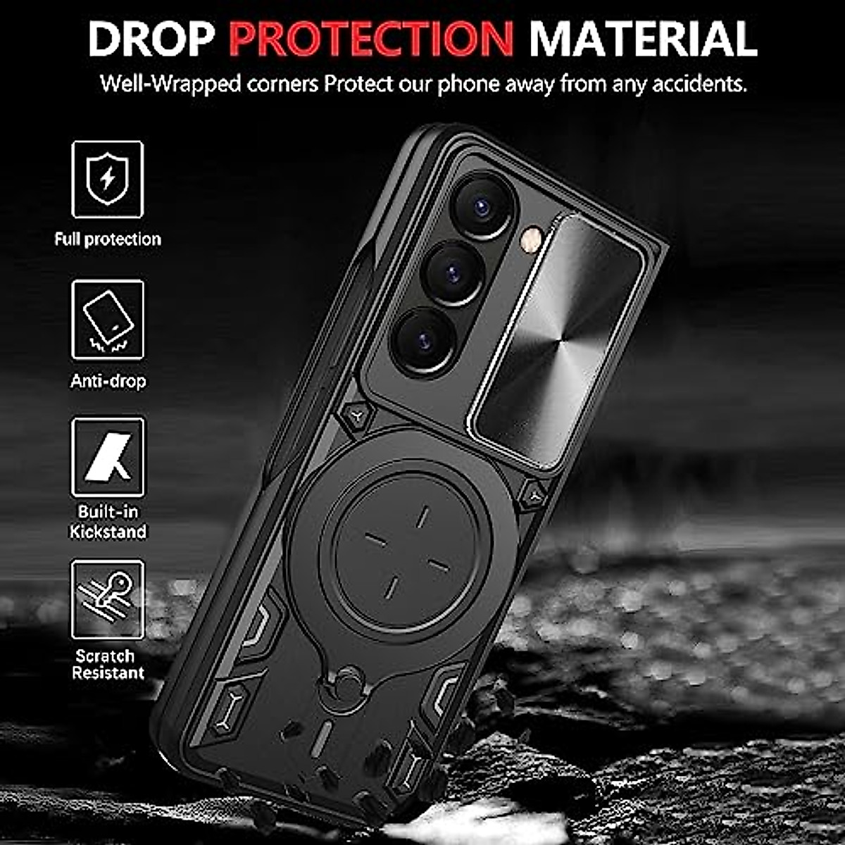 Haeuorey Compatible with Samsung Galaxy Z Fold 5 Case [Heavy Duty Protective] [360°Ring Magnetic Kickstand] [Slide Camera Lens Cover] Protective Armor Case for Samsung Galaxy Z Fold 5 (Black)