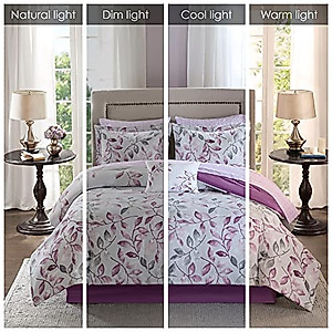 Madison Park Essentials Cozy Bed In A Bag Comforter with Complete Cotton Sheet Set - Trendy Floral Design All Season Cover, Decorative Pillow, Twin(68"x86"), Leaf Purple 9 Piece