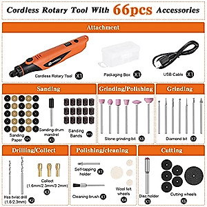 HARDELL 3.7V Cordless Rotary Tool, Mini Rotary Tool With 66pcs Accessories,3-Speeds And Portable Rotary Tool Kit For Sanding, Polishing, Cutting, Carving And Engraving, 700mAh Lithium Battery