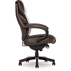 La-Z-Boy Hyland Executive Office Chair with AIR Technology, Adjustable High Back Ergonomic Lumbar Support, Mahogany Wood Finish, Bonded Leather, Brown