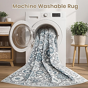 Micgeek 5X8 Area Rugs for Living Room - Washable Large Bohemian Low Pile Stain Resistant Floral Rug Soft Non Slip Neutral Indoor Floor Rugs for Bedroom Kitchen Dining Room Home Office,Grey/Blue