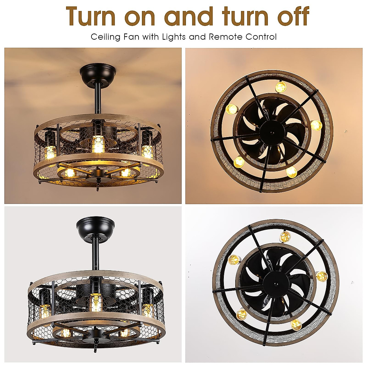 MADSHNE 20'' Caged Ceiling Fans with Lights Remote Control, Small Farmhouse Ceiling Fans with Light, Black Rustic Bladeless Ceiling Fans for Bedroom Kitchen