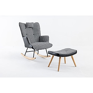 Tiophome Rocking Chair Nursery, Upholstered Glider Rocker Accent Chairs Padded Seat with High Backrest, Comfy Side Armchair for Nursing, Living Room, Bedroom, Office, Linen/Leather, Houndstooth Black