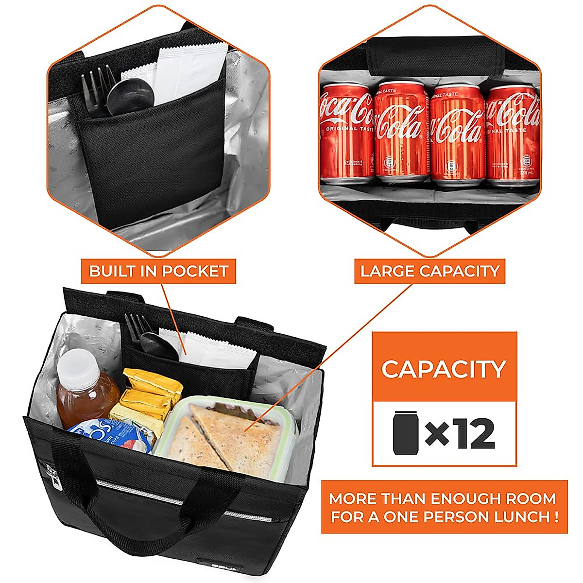 OPUX Lunch Bag for Women, Insulated Lunch Box Tote for Girls Kids Adult School Work, Reusable Womens Lunch Tote for Office Travel, Cute Small Lunch Tote, Fits 12 Cans - Black