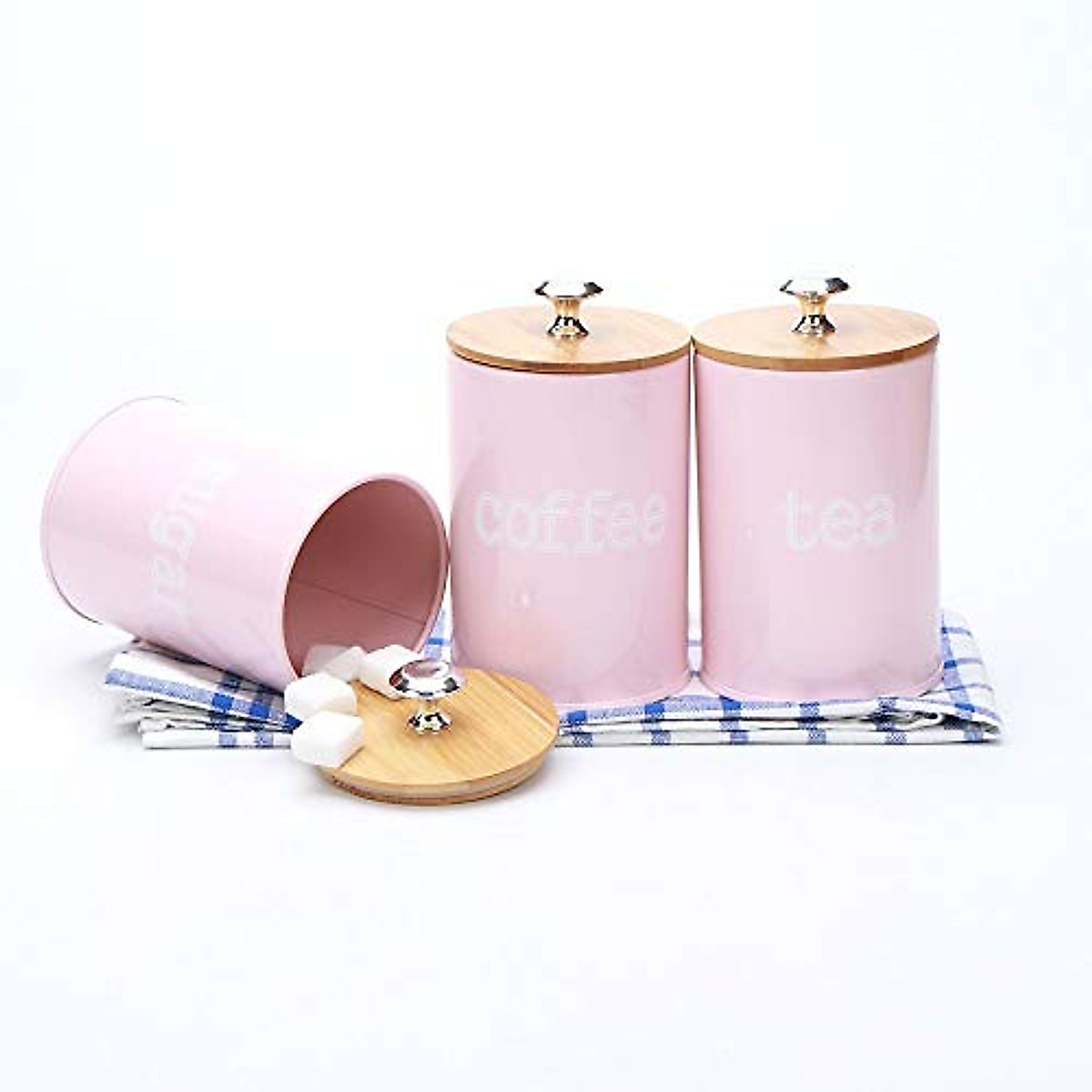 X022S Set of 3 Metal Food Storage Tin Canister/Jar with Bamboo Lid (matte pink)