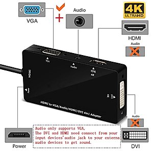 CableDeconn Multiport 4-in-1 HDMI to HDMI DVI 4K VGA Adapter Cable with Audio Output Adapter Converter (Black)