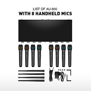 D Debra Audio AU800 Pro UHF 8 Channel Wireless Microphone System with Cordless Handheld Lavalier Headset Mics, Metal Receiver, Ideal for Karaoke Church Party (8 Handheld)