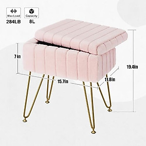 Greenstell Vanity Stool Chair Faux Fur with Storage, 15.7"L x 11.8"W x 19.4"H Soft Ottoman 4 Metal Legs with Anti-Slip Feet, Furry Padded Seat, Modern Multifunctional Chairs for Makeup, Bedroom Pink