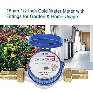 Oumefar 15mm 0.5 inch Water Flow Meter Cold Water Meter Arbitrary Rotation Function with Fittings for Garden and Home Usage