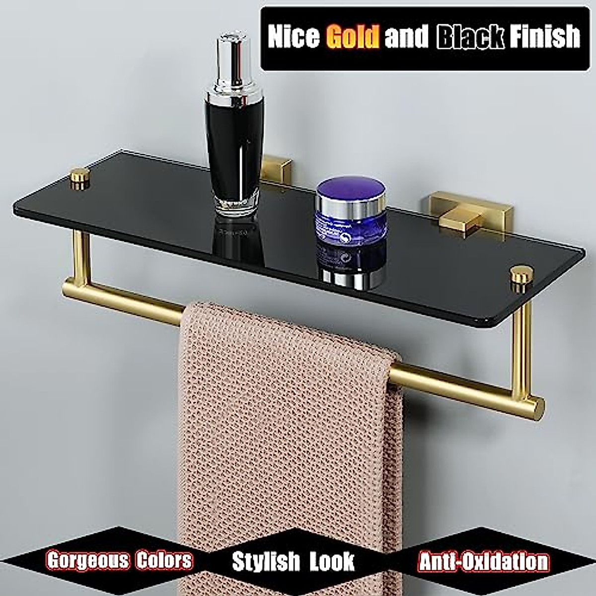 Alise Bathroom Shelves Glass Shelf with Bar,Wall Mount Floating Shelves for Bathroom,1 Tier Tempered Glass Holder Storage Organizer,SUS304 Stainless Steel Gold and Black