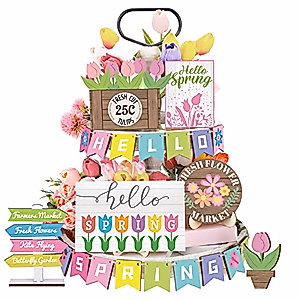 Bucherry 23 Pieces Hello Spring Tiered Tray Decor Tulips Table Wooden Sign Decorations Flower Market Tabletop Rustic Farmhouse Decor for Spring Holiday Party Kitchen Decoration