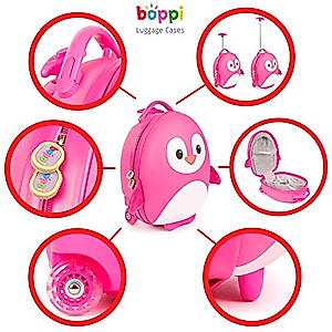 Boppi Tiny Trekker Kids Luggage Travel Suitcase Carry On Cabin Bag Holiday Pull Along Trolley Lighweight Wheeled Holdall 17 Litre Hand Case - Pink Penguin