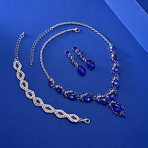 3 Pieces Wedding Bridal Rhinestone Crystal Jewelry Set Statement Necklace Bracelet Teardrop Dangle Earrings Set for Women fit with Bridesmaid Wedding Party Prom Dress Jewelry Set