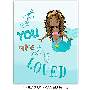 African American Girl Wall Decor - Black Art Poster Set 8x10 - Cute Mermaid Wall Decor - Toddler, Little Girls Bedroom Decor - Afro-American Gifts - Light Blue Room Decor Baby Girl Room Decorations