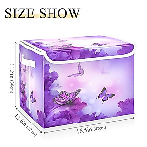 DIGTIA Storage Bins with Lids Butterfly Hydrangeas Purple Foldable Storage Boxes with Handles Spring Large Storage Basket Collapsible Organizer Containers for Closet Home Bedroom Office
