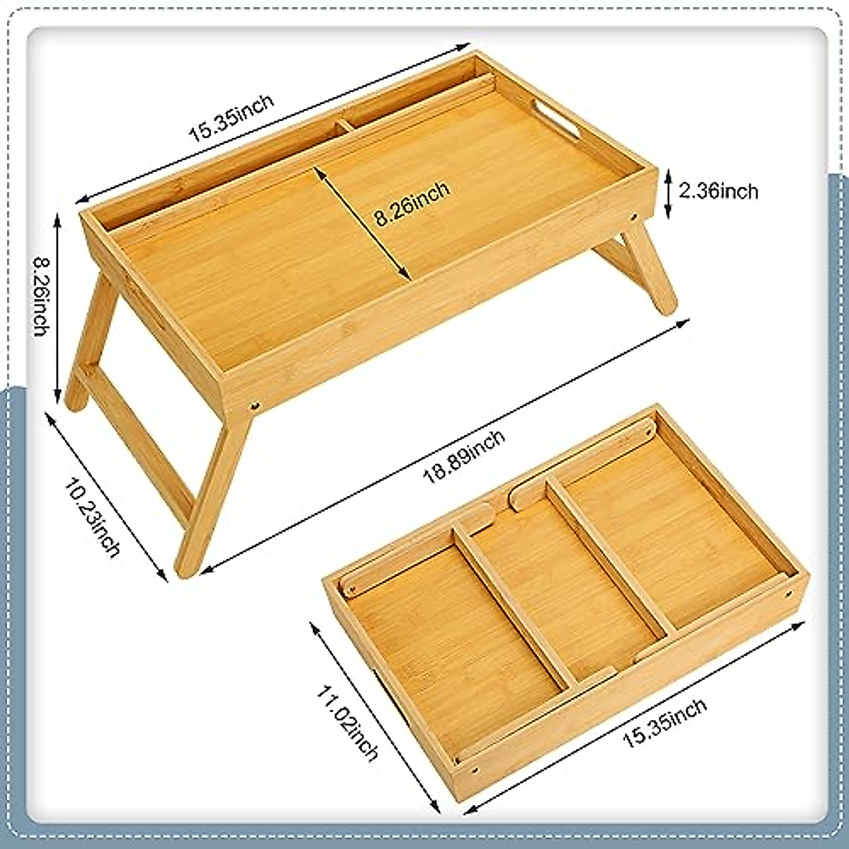 Leinuosen 2 Pcs Large Bed Tray Table with Media Slot 19.7 Inch Bamboo Breakfast Food Tray with Handles Folding Legs Portable Laptop Pad Desk TV Snack Tray for Eating, Reading, Working