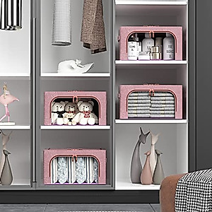 2 Pack Stackable Storage Bins - Foldable Metal Frame Storage Boxes for Clothes Double Zipper Fabric Box Organizer Set with Carrying Handles and Clear Window (11L, Red)