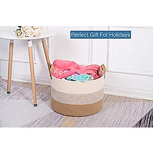 Decospark XXXL Cotton Rope Basket for Toy and Blanket Storage| 21.7" x 13.8" | Soft Long Handles | Decorative Home Organizer Ideal for Living Room, Baby Clothes and Laundry (Camel Grey and Cream)