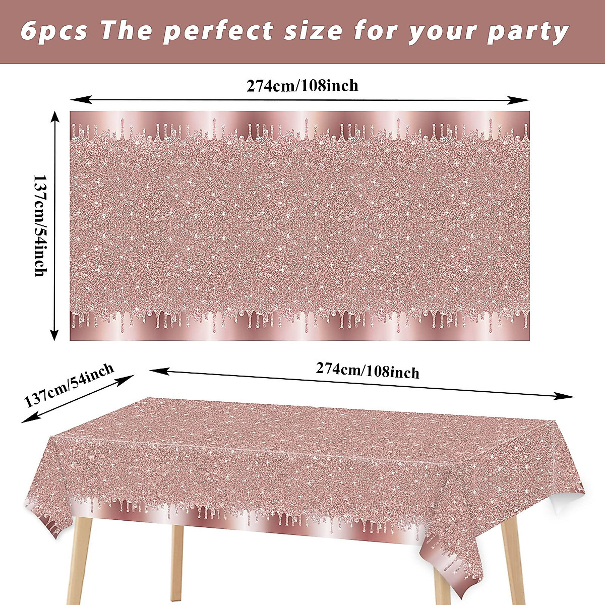 6pcs Pink Rose Gold Birthday Party Tablecloths Rose Gold Sequin Printed Plastic Table Cover Glitter Diamonds Happy Birthday Background for Girls Wedding Graduation Anniversary Indoor Outdoor（Plastic）