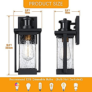 PTRWOROA Dusk to Dawn Motion Sensor Outdoor Wall Lights, Black Exterior Wall Sconce Lantern Lighting with Seed Glass, Wall Mounted Light Fixture for Garage Porch Patio