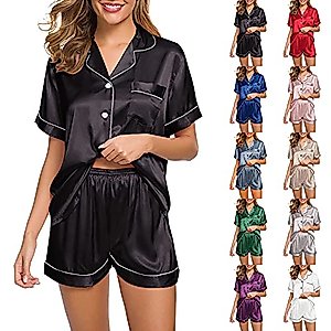 awaswae Womens Plus Size Silk Satin Pajamas Set Short Sleeve Loungewear 2 Piece Sleepwear Button Down Comfy Nightwear Pj Set Black