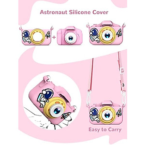 Andoer Kids Camera Toy Children Mini Camera Dual Front and Rear Digital Camera, Gift for Boys and Girls 3-12 Year Old with Astronaut Cartoon Soft Silicone Cover 32GB Card & USB 2.0 Card Reader